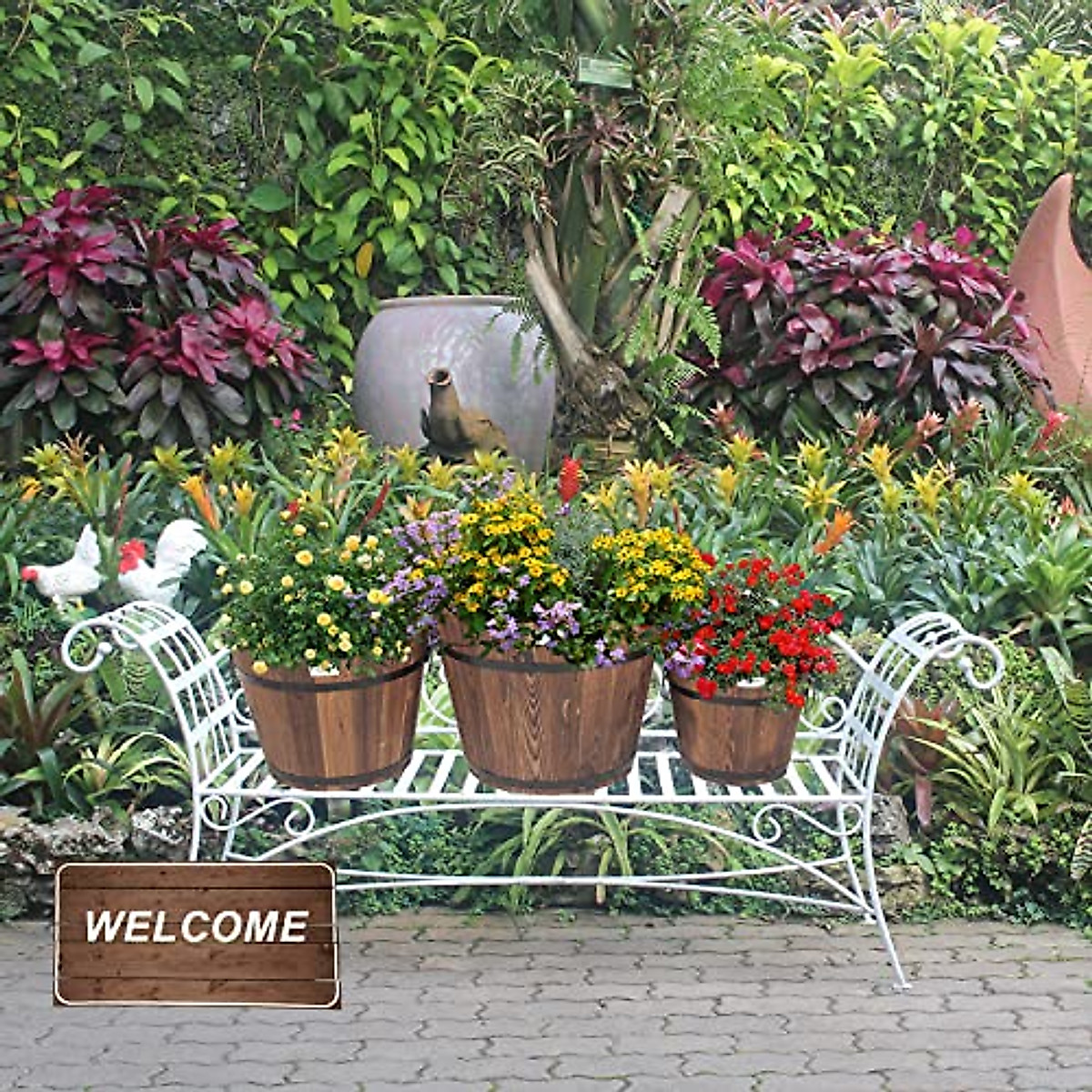 VINGLI 3 pcs Wooden Planter Barrel Set, Real Wood Indoor/Outdoor Flower Pot w/Drainage Holes, Different Sizes, Large Garden Container Box