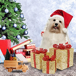 Sunnyglade 10”-8”-6” Set of 3 Christmas Lighted Gift Boxes with Plug for Christmas Decor, Weddings Yard Home Holiday Art Decorations (Gold)