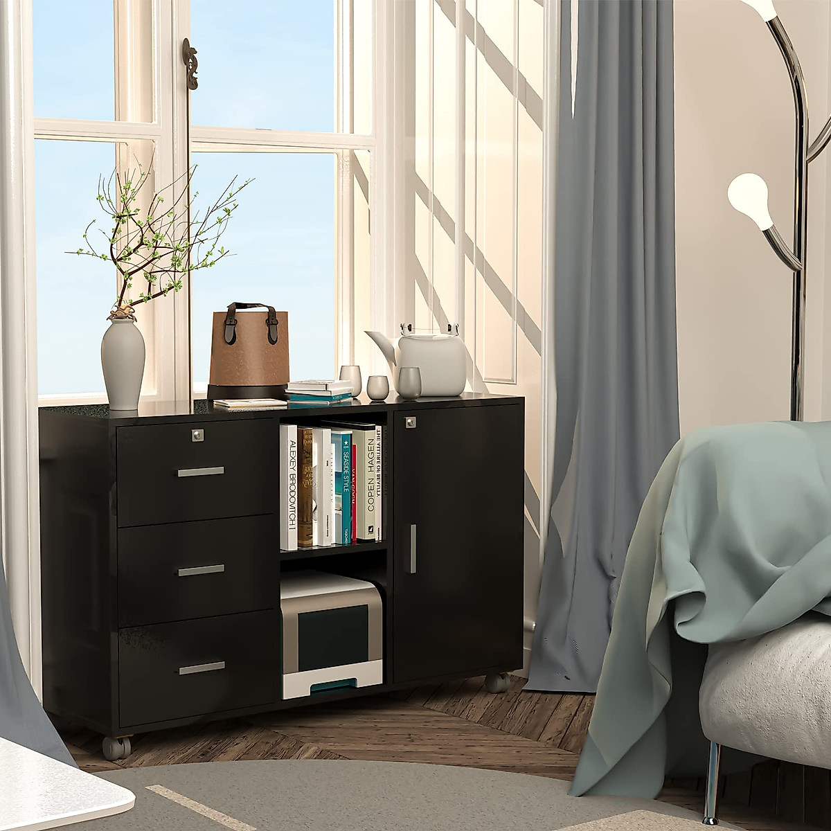 Mobile Lateral Filing Cabinet, Office Lateral File Cabinet with Lock Wood File Cabinet With Lock Office Storage Cabinet Office File Cabinet with Lock Wood Lateral File Cabinet For Home Office(Black)