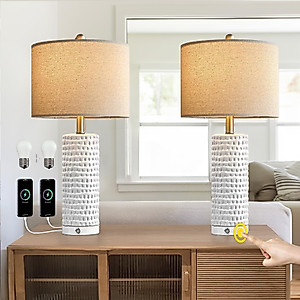 PORTRES 24" Farmhouse 3-Way Dimmable Touch Ceramic Table Lamp Set of 2 for Bedroom White Bedside Lamps with USB A+C Charging Ports for Living Room Nightstand Lamp End Table Lamps