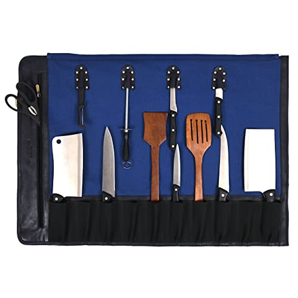 Leather Knife Roll Storage Bag, Elastic and Expandable 10 Pockets, Adjustable/Detachable Shoulder Strap, Travel-Friendly Chef Knife Case (Detroit, Canvas)