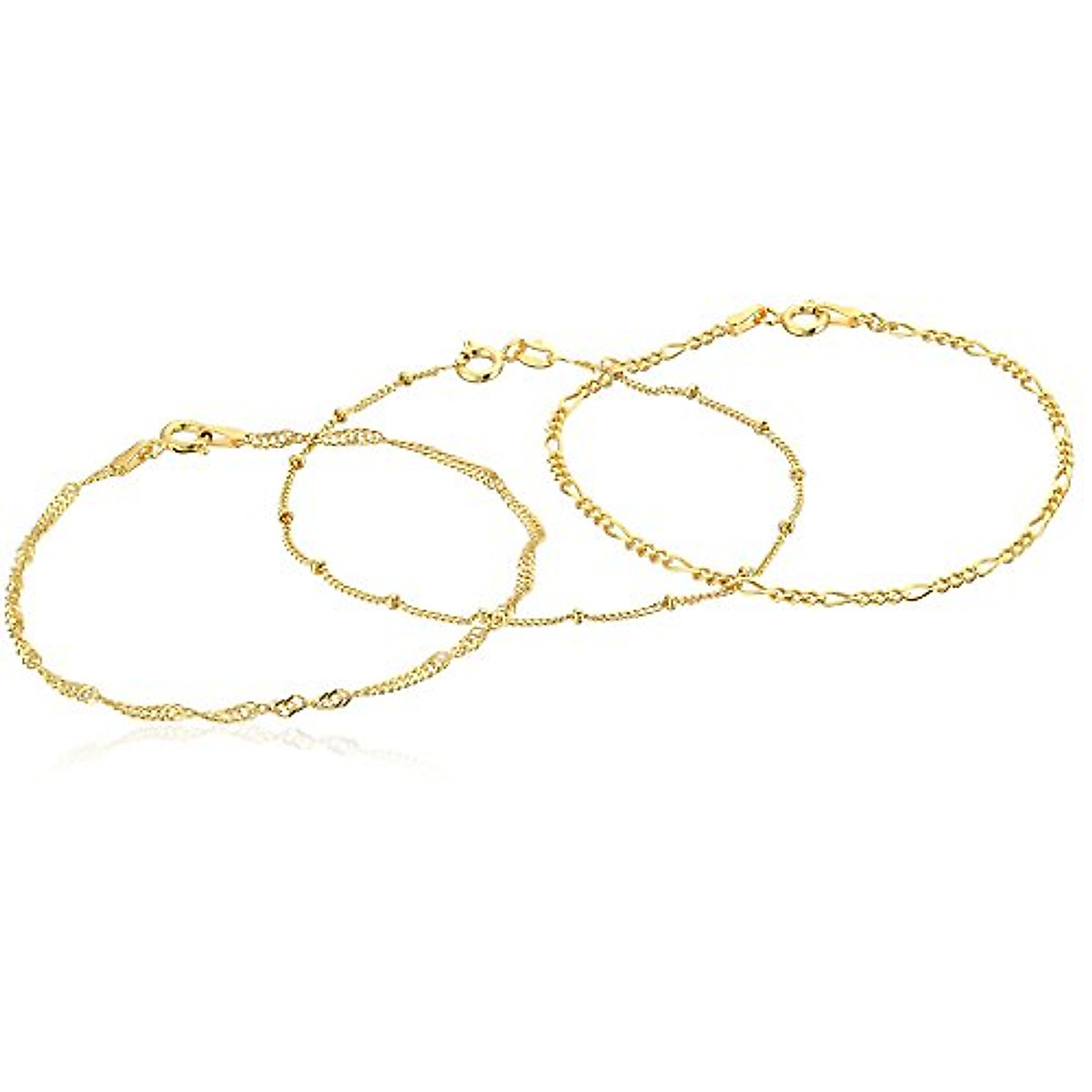 Amazon Collection Gold Plated Sterling Silver Set of Three Singapore, Figaro and Bead Station Chain Bracelet, 7'