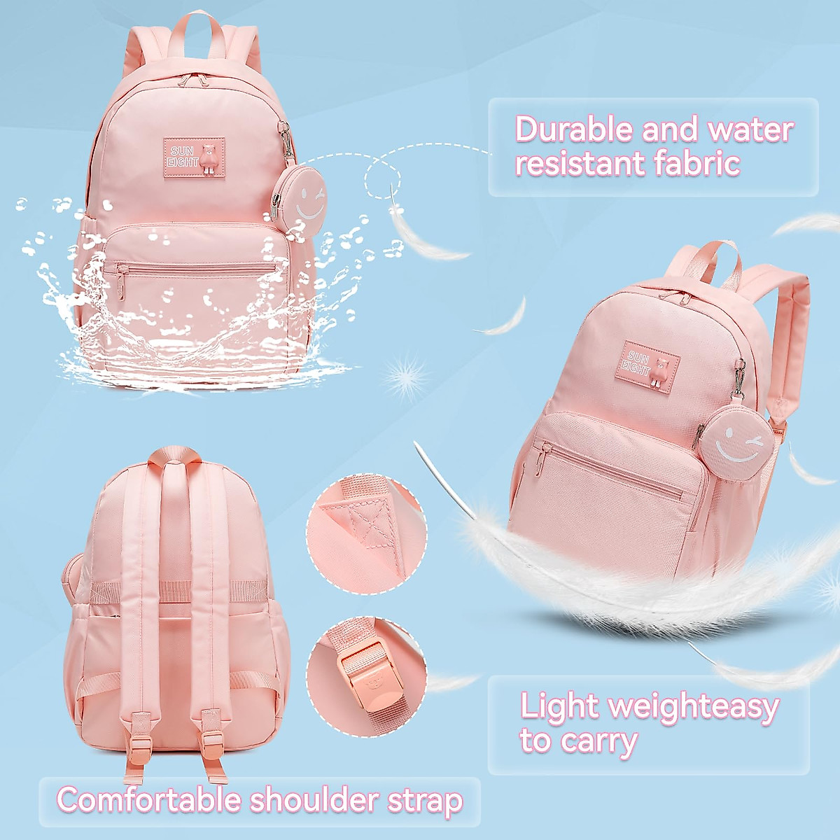 Reqinqin Kids Backpack for Girls Waterproof Large Space School Backpack Suitable for Age Over 5 years old Ultralight Pink Travel Toddler Backpack（Pink）