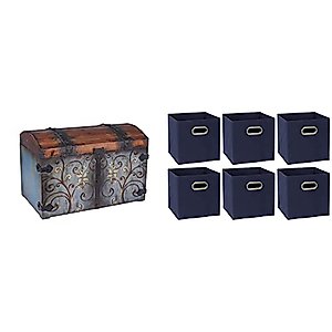 Household Essentials Vintage Wood Storage Trunk, Large, Blue Body/Brown Lid/Floral Design & 81-1 Foldable Fabric Storage Bins | Set of 6 Cubby Cubes with Handles | Navy Blue, 6 lbs