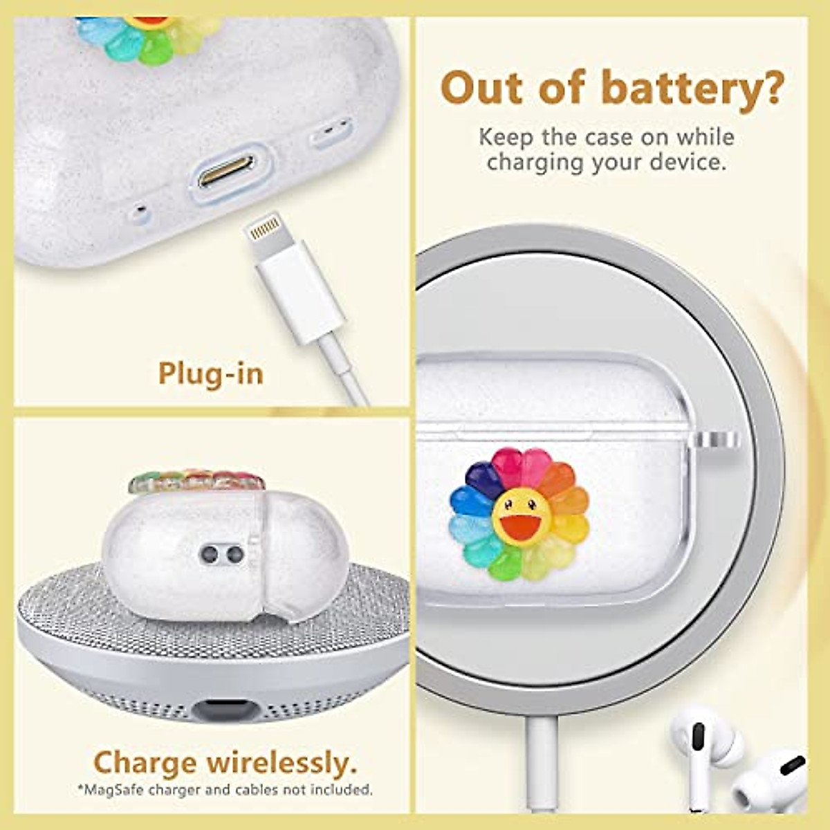 Cute AirPod Pro 2 Case Smile Sun Flower Bracelet Design Soft Silicone Clear Glitter Protective Cover Compatible with Airpods Pro 2nd Generation 2022 Case