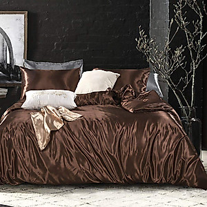 ABP Collection Duvet Set - Full, Chocolate Soft Silky Satin Duvet Cover Sets (1 Button Closure Duvet Cover, 1 Fitted Sheet with 18" Deep Pocket, 2 Pillow Shams) 4 Pieces Duvet Cover Set