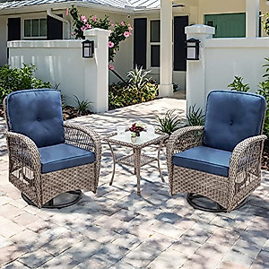 Joyside Patio Bistro Set - 3-Piece Patio Wicker Swivel Rocking Chair Set, Outdoor Patio Furniture Chair with Side Coffee Table & Durable Fabric Cushion(Brown/Blue)