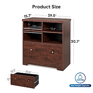 DEVAISE Lateral File Cabinet, 1 Large Drawer Wood Filing Cabinet with 2 Open Adjustable Storage Shelves for Office Home, Cherry