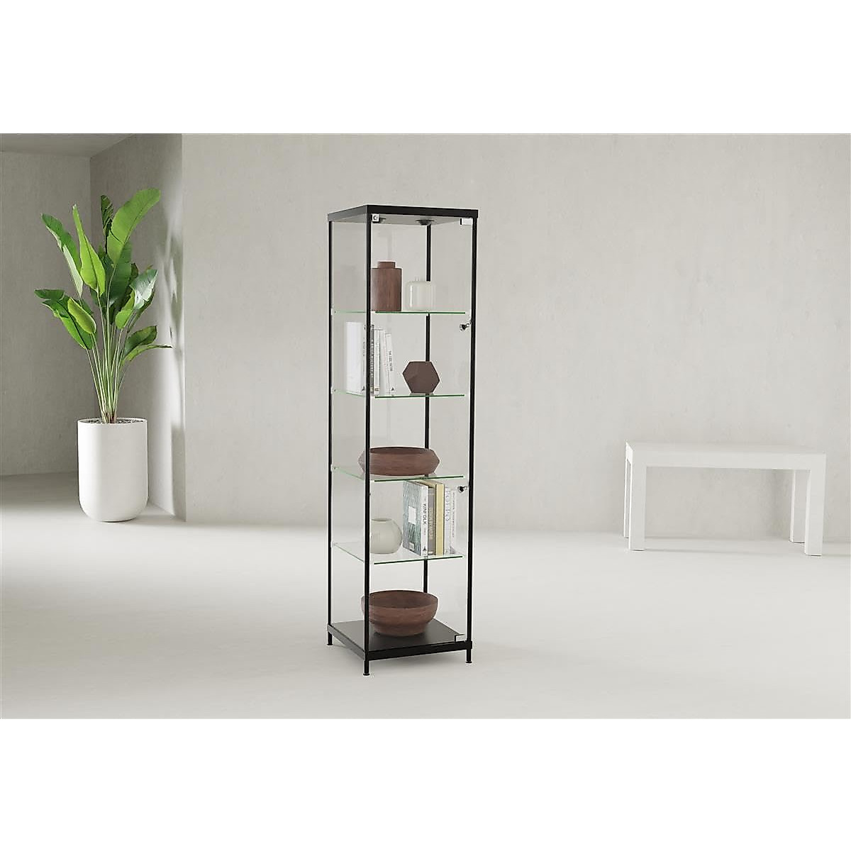 Displays2go Glass Showcase Towers, Tempered Glass Shelves, LED Lighting – Clear, Black (LESC5578BK)