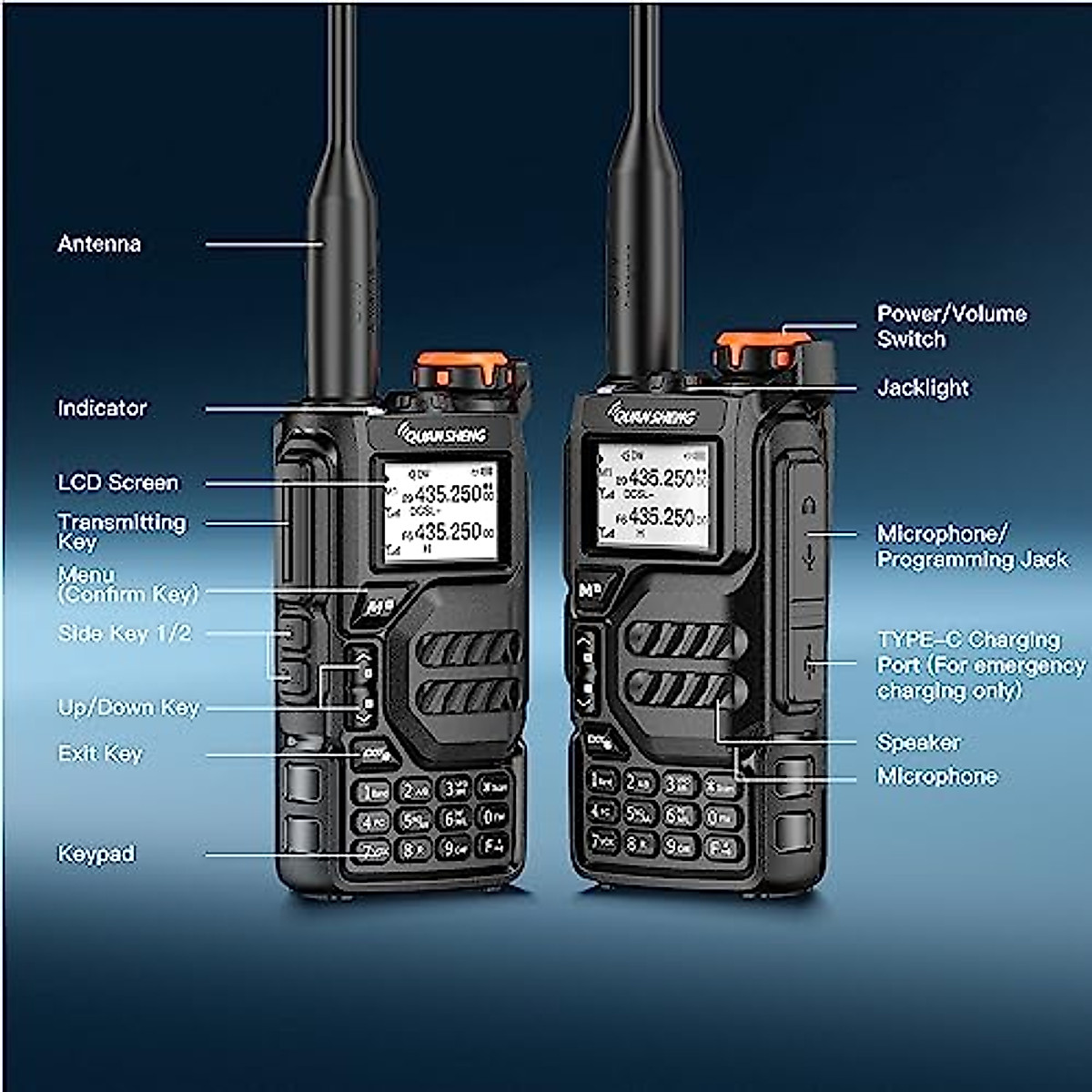 QUANSHENG UV-K5 Walkie Talkie Dual Band 5W Rechargeable Two Way Radio NOAA Emergency Weather Receiver with Type-C Charging Cable, Headset (Black 1 Pack)