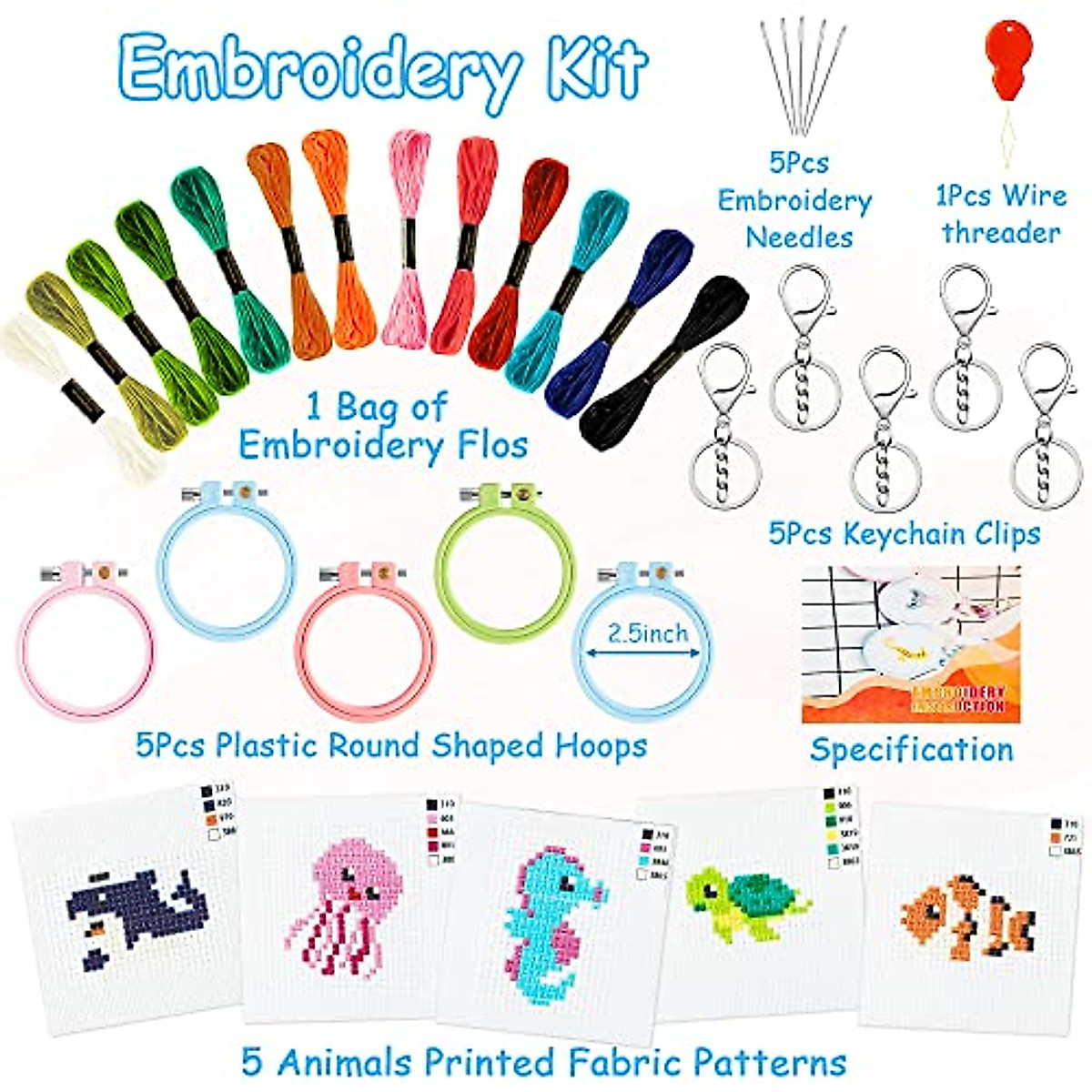 WATINC 5Pcs Embroidery Kit for Kids Stamped Cross Stitch DIY Key Chain with Sea Animals Patterns Needlepoint Starter Kits Ocean Animal Themed Educational Craft Supplies for Beginners Adults Schoolbag
