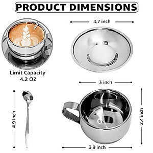 Insulated Coffee Cup with Saucer and Spoon - Dual Wall Stainless Steel Mug, Latte, Espresso, Cappuccino, Milk Drinkware, Double Layer Shatterproof Cup with Handle - 125 ml, 4.2 oz