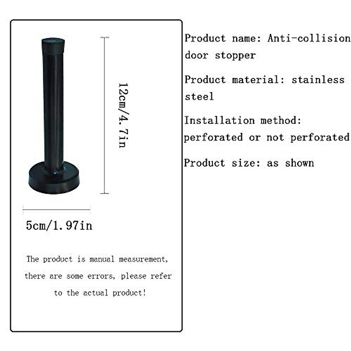 Lnrkai 2 Packs Stainless Steel Door Stopper Wall Protector, 5 Inch Black Long Door Stop with Rubber Tip, Cylindrical Door Draft Stopper Thickening Anti-Collision with Plastic Expansion & Screws
