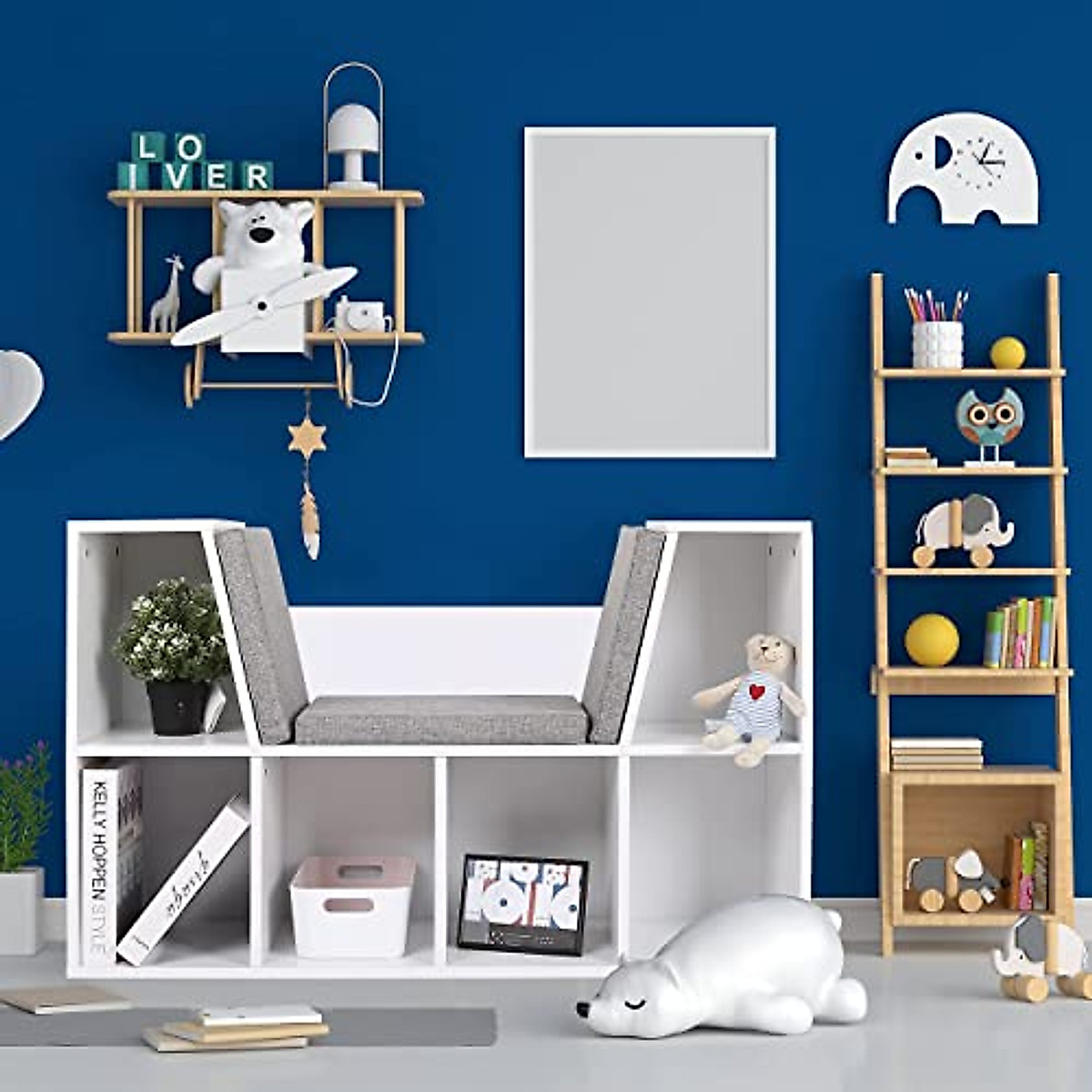 MUPATER Kids Reading Nook Organizer with Storage Bookshelf and Detachable Cushions, 6-Cubby Bookcase Cabinet for Kids Room and Bedroom, White