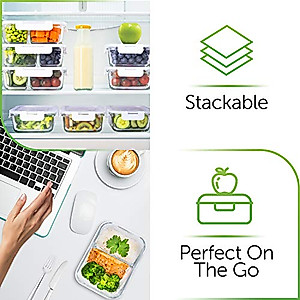 PrepNaturals Glass Meal Prep Containers Glass Food Storage Containers with Lids - 2 Compartment Glass Lunch Containers (10 Pack) Glass Storage Containers with Lids Glass Containers for Food Storage