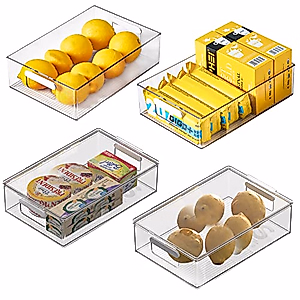 vacane 4 Pack Plastic Shallow Storage Organizer Box Containers with Lids, Stackable Pantry Organizer Built-In Handles Refrigerator Organizer, Storage Cube Hold Food, Snacks, Makeup, Toys-Clear