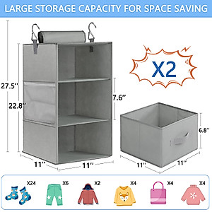 punemi 3-Shelf Hanging Closet Organizer, 2 Pack Closet Hanging Organizer with Drawers, Foldable Hanging Closet Shelves for Rv, Camper, Locker, 22.8" D x 11" W x 11" H, Grey