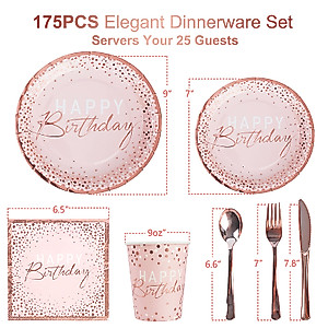 175PCS Happy Birthday Plates and Napkins Party Supplies, Paper Pink and Rose Gold Plates and Napkins with Rose Gold Plastic Forks Knives Spoons Serve 25 Guests for Girl Women Birthday Party Decoration