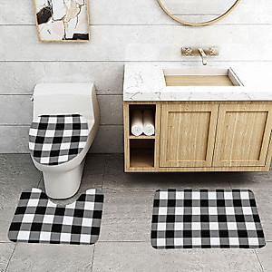 Royalours Plaid Bath Mat Vintage White Black Gingham Checkered Tartan Buffalo Check Bathroom Mat Set 3 Pieces Rug Toilet Seat Lid Cover Non Slip Mat Anti-Skid Pad