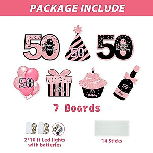 ComboJoy 50th Birthday Decorations For Women - 7 PCS Black & Pink 50 Birthday Yard Signs with Stakes,Sparkling At Night - Outdoor Lawn Decorations