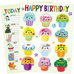 FANCY LAND Cupcake Happy Birthday Poster Chart 2PCS 17" x 22" Cupcake Birthday Poster Monthly Birthday Chart Class Birthday Decoration