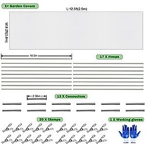 hannger Plant Covers Freeze Protection 8.2' × 12.5' with 3 Sets Garden Hoops 7ft Long - 17Pcs Fiberglass Hoop Frame Garden Covers Reusable for Raised Beds/Row Crop Cover/Frost Blanket/Plant Cover