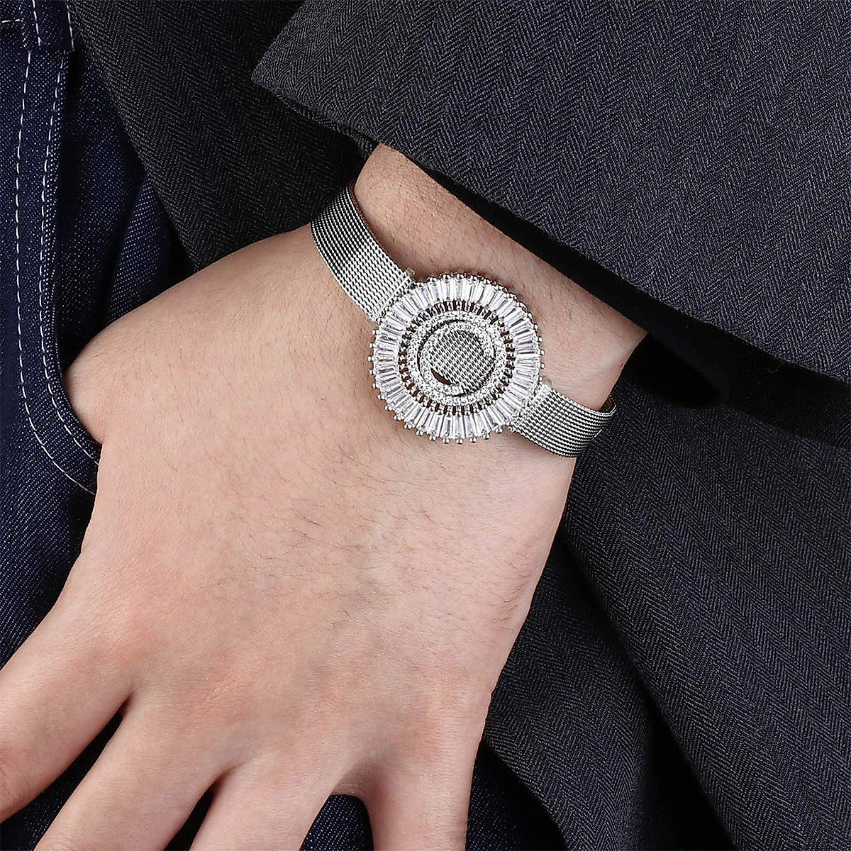 COTTVOTT Women Charms Initial 26 Letters Alphabet Bracelet Bangle Stainless Steel Mesh Belt Buckle Bracelets (Bracelet C-Silver Color)