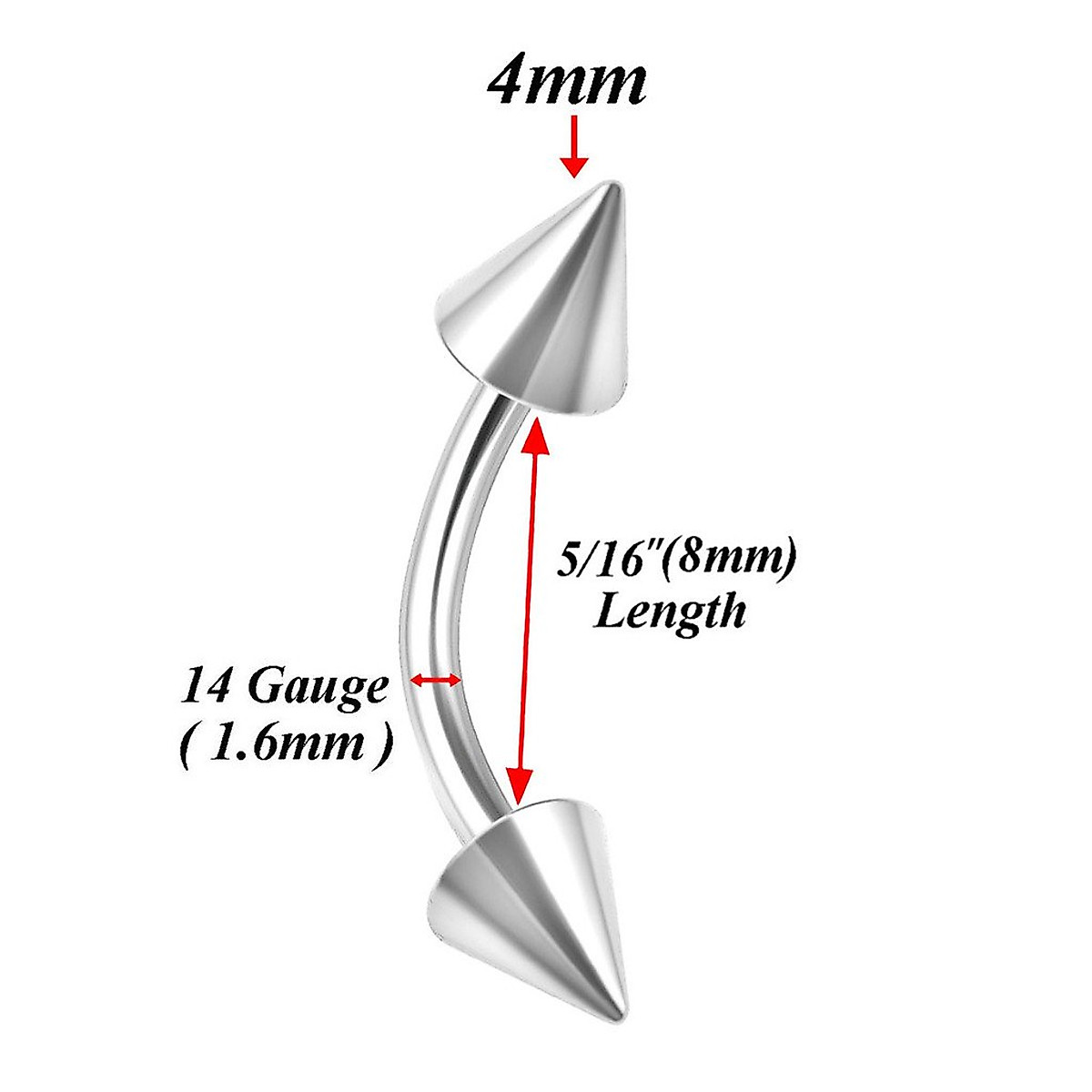 bodyjewellery 4pcs 14g Curved Barbell Septum Cartilage Earring Eyebrow Nose Lip Tragus Rook Daith Conch Stud Steel 4mm Spike - 8mm
