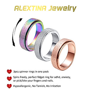 ALEXTINA 3Pcs Spinner Ring Anxiety Ring for Women Fidget Rings - 6mm Sandblast Glitter Finish Stainless Steel Rings for Anxiety Stress Relief, Size 9