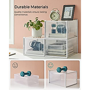 SONGMICS Shoe Boxes, Pack of 12 Shoe Storage Organizers, Stackable Clear Plastic Boxes for Closet, Sneakers, 9.9 x 13.7 x 7.4 Inches, Fit up to US Size 13, Transparent and White ULSP12MWT