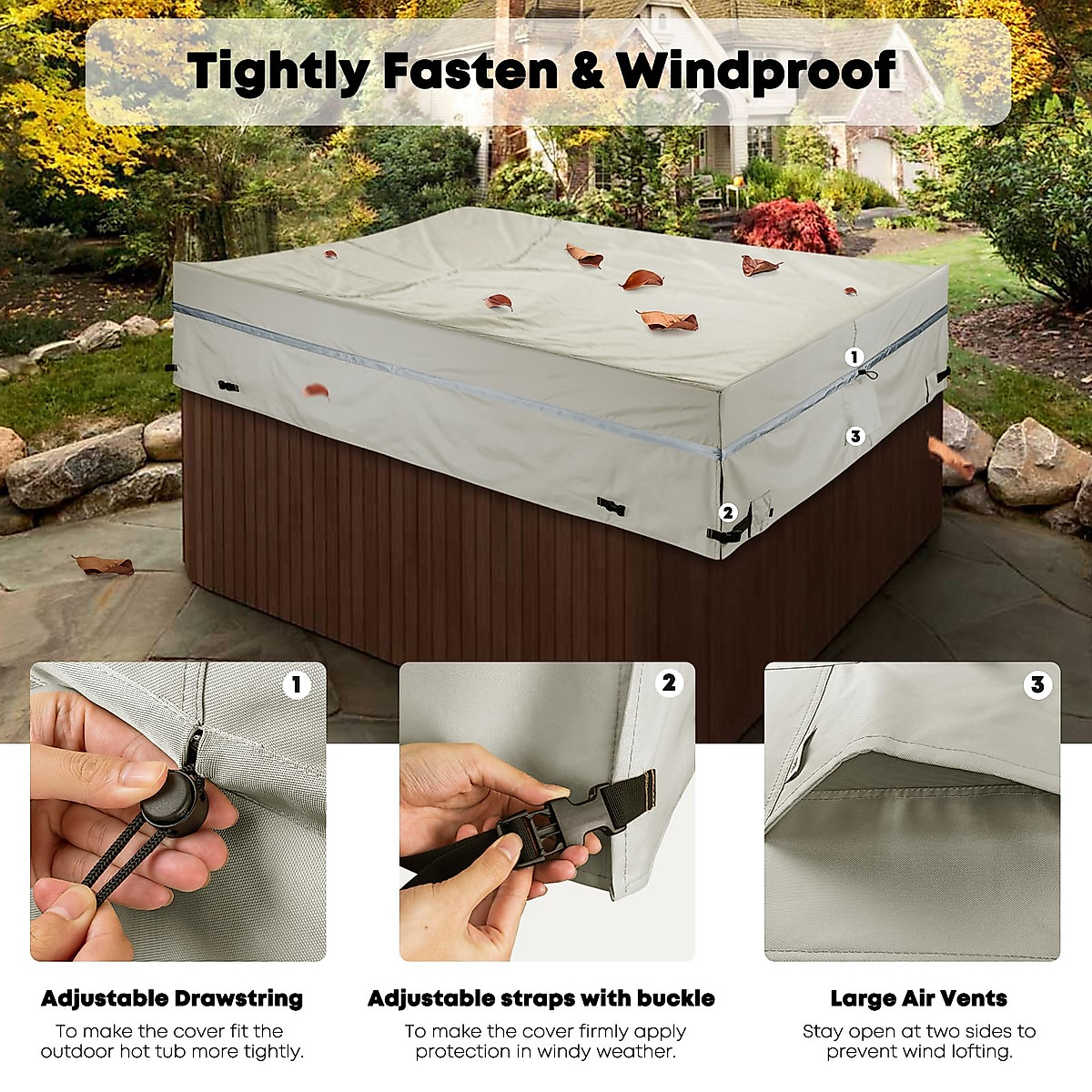 PatioGem Hot Tub Cover Protector, Outdoor SPA Covers for Hot Tub, Heavy Duty 600D Polyester Waterproof UV Protection Hot Tub Covers Replacement, Square SPA Cover Protector 95 x 95 x 20 inch, Grey