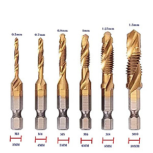 6 Pcs Titanium Combination Drill Tap HSS Bit Set,3 in 1 Drilling Tapping Burr Bit Set Screw Tapping with 1/4 Inch Hex Shank for Alloy, Wood, Plastic, Soft Metal, Etc.M3-M10（Long Handle