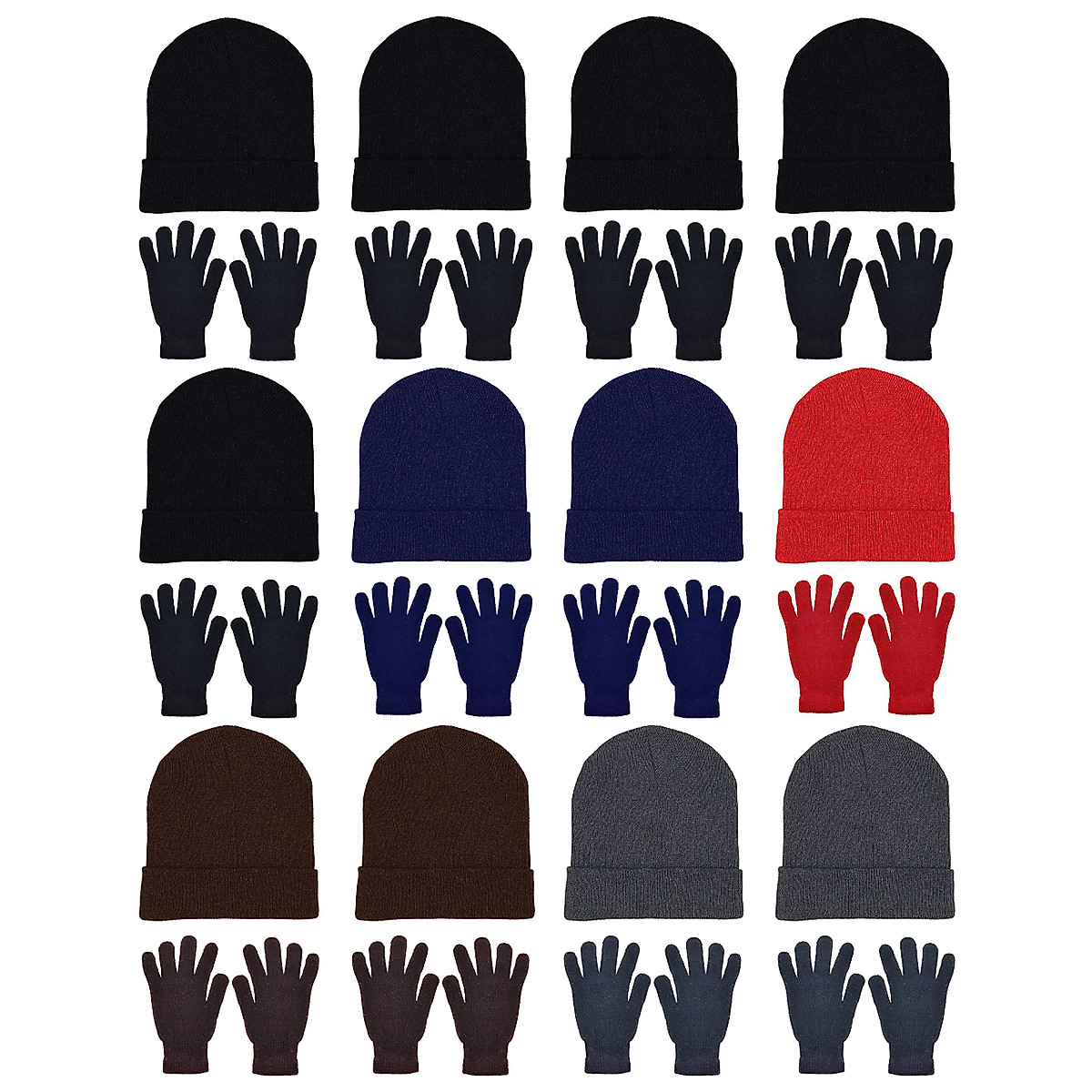 24x Winter Beanies & Gloves Combo Pack, Bulk Pack for Men Women, Warm Cozy Gift (Assorted #1)