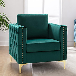 Modern Velvet Accent Chair, Tufted Button Armchair with Pillow and Decorative Nailheads Single Lounge Sofa Chair Club Chair with Steel Legs for Living Room Bedroom Office (Green)