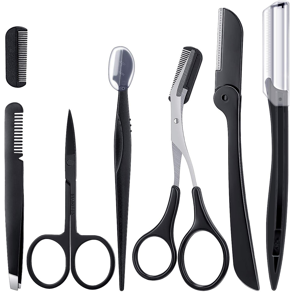 Mudder 12 Pieces Eyebrow Kit Multipurpose Exfoliating Dermaplaning Tool, Include 3 Face Razors, 3 Eyebrow Shaver, 3 Eyebrow Brush, 2 Scissors, and Tweezer for Women Girls