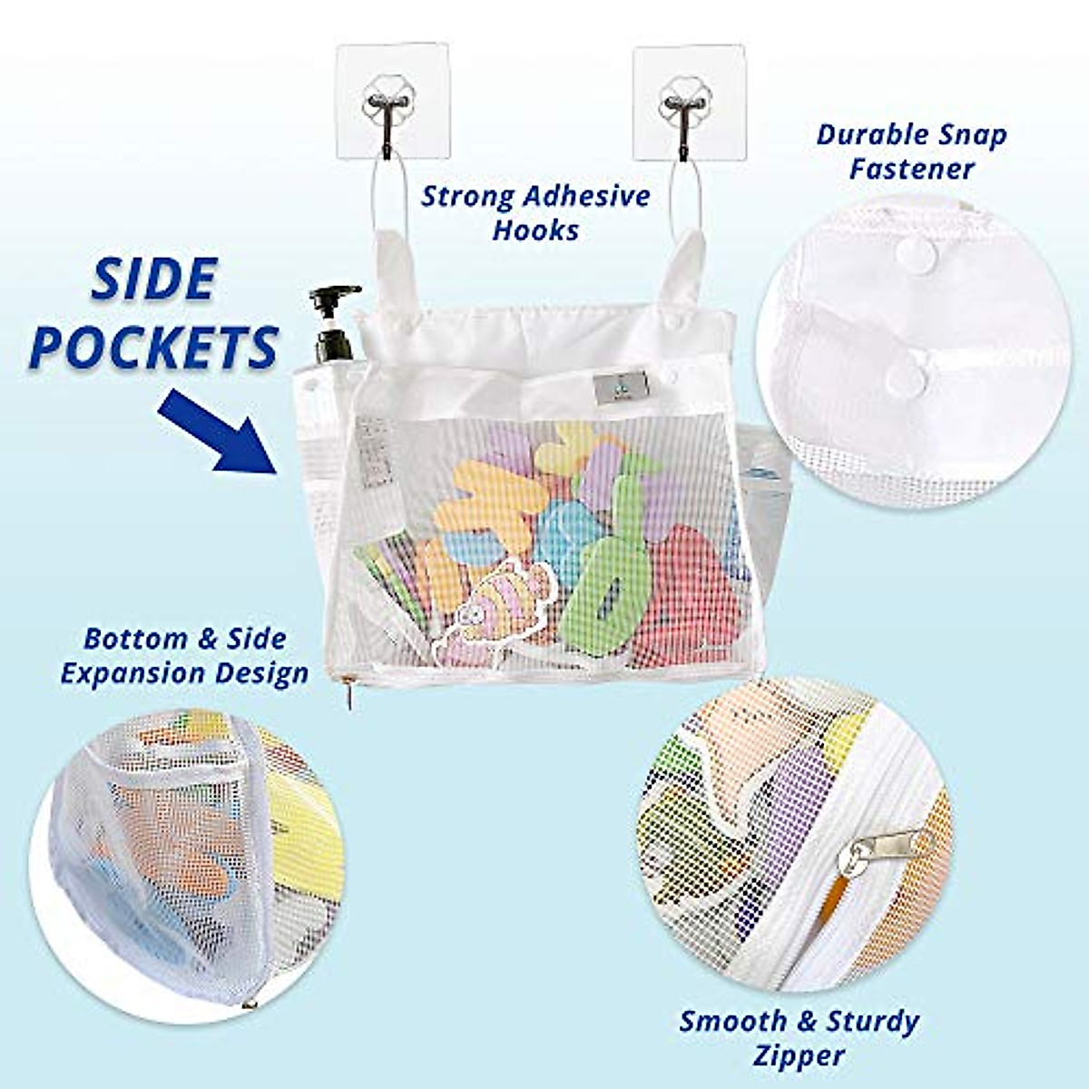 Bathtub Toy Organizer with 4 Suction Sticker Hooks, Two Side Pockets Bottom Zippered, Large Opening and Greater Capacity ​