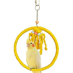SIMENA Cotton Rope Bird Swing for Bird Cage, Hanging Bird Perch Parrot Toys, Bird Cage Accessories for Medium to Large Birds Including Parakeets, Cockatiels, Conures, etc. (Small (7.5" Yellow)