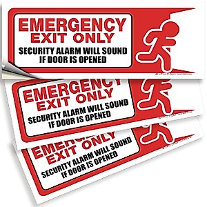 iSYFIX Emergency Exit Only Stickers – 3 Pack 10x4 Inch – Premium Self-Adhesive Vinyl, Laminated UV, Weather, Scratch, Water & Fade Resistance, Security Alarm Will Sound if Door is Opened Sign
