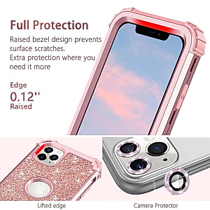 LONTECT for iPhone 11 Pro Max Case Glitter Sparkly Bling 3 in 1 Shockproof Heavy Duty Full Body Sturdy Protective Case for Apple iPhone 11 Pro Max with 2 Screen Protector+2 Camera Protector,Rose Gold