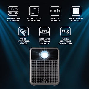 KODAK FLIK HD10 Smart Projector | Android TV 1080P FHD Video Projection System with Google Assistant, Wi-Fi, Bluetooth 5.0, HDMI, USB, Aux & Built-in dual 5W Speakers | iOS & Android