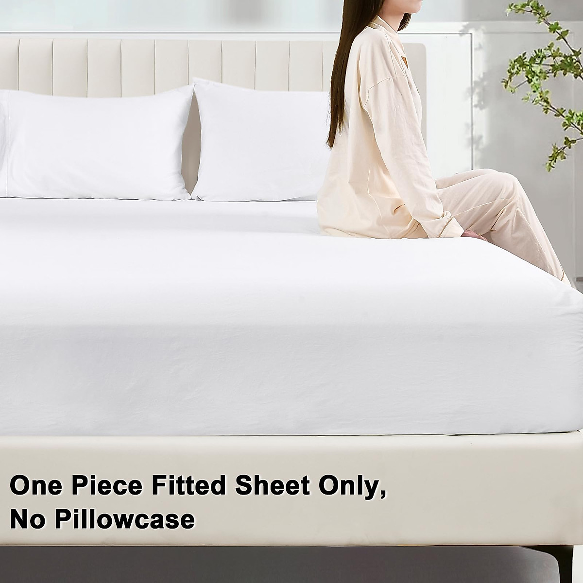 PHF 100% Garment Washed Cotton Fitted Sheet Full Size - Cozy Cloud Soft Linen Like Bottom Sheet Only with Elastic Deep Pockets, Easy Fit Breathable Warm not Shrink,54"x 75",White,No Pillowcase