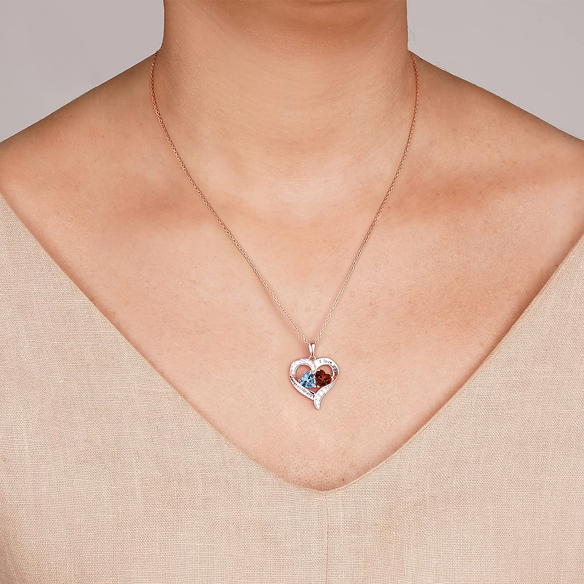 18K Rose Gold Heart Necklace, Birthstone Necklace Jewelry for Women with 2 Birthstones, Customized Gifts for Women Mom Wife Grandma Sister Friend, I Love You Always and Forever, Gold, Cubic Zirconia