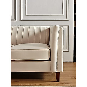 Container Furniture Direct Modern Luxury Velvet Couch for Living Room with High Density Foam, Soft Fabric Upholstery, Removable Cushions and Solid Wood Legs, 83'' Wide 3 Seater Sofa, Beige