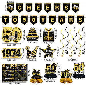 50th Birthday Decorations for Men Women, 22pcs Back in 1974 Banner Decorations，50 Years Old Birthday Backdrop, 1974 Guest Book, Balloons, Honeycomb Centerpiece, Hanging Swirl, Paper Poms, Sash