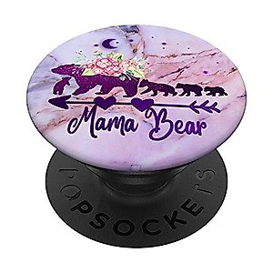 Purple Floral Mama bear with Four cubs on Pink Blue Marbled PopSockets Swappable PopGrip
