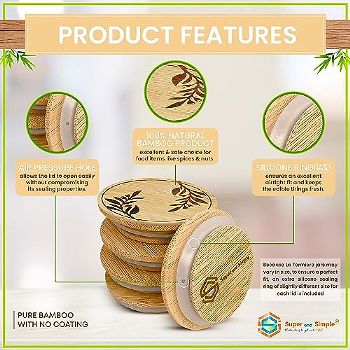 La Fermiere Yogurt Jar Tops – Olive Branches Design or Choose a Design – 4-pcs Wood Lids Set With Extra Silicone Sealing Rings - Perfectly Airtight Fit