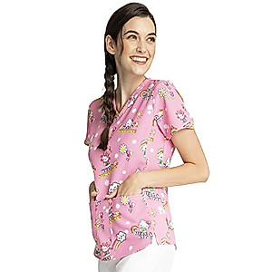 Tooniforms Women Scrubs Top V-Neck Print TF770, XL, Hello Kitty Sunshine
