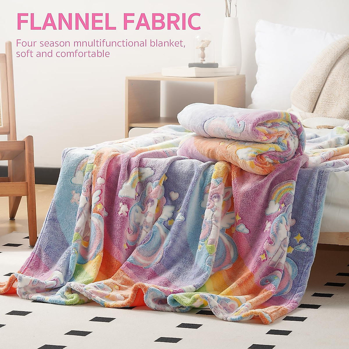 Glow in The Dark Rainbow Unicorn Flannel Throw Blanket – Soft and Cozy for Girls Ages 3 to 10, Suitable for Bedroom, Travel, Camping, Napping, Christmas and Birthday Gift for Girls, Size 50"x60"