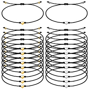 Otuuz 20 Pieces Silver Gold Heart Charm Bracelets Black String Adjustable Bracelet Braided Matching Bracelets Friendship Jewelry for Women Men