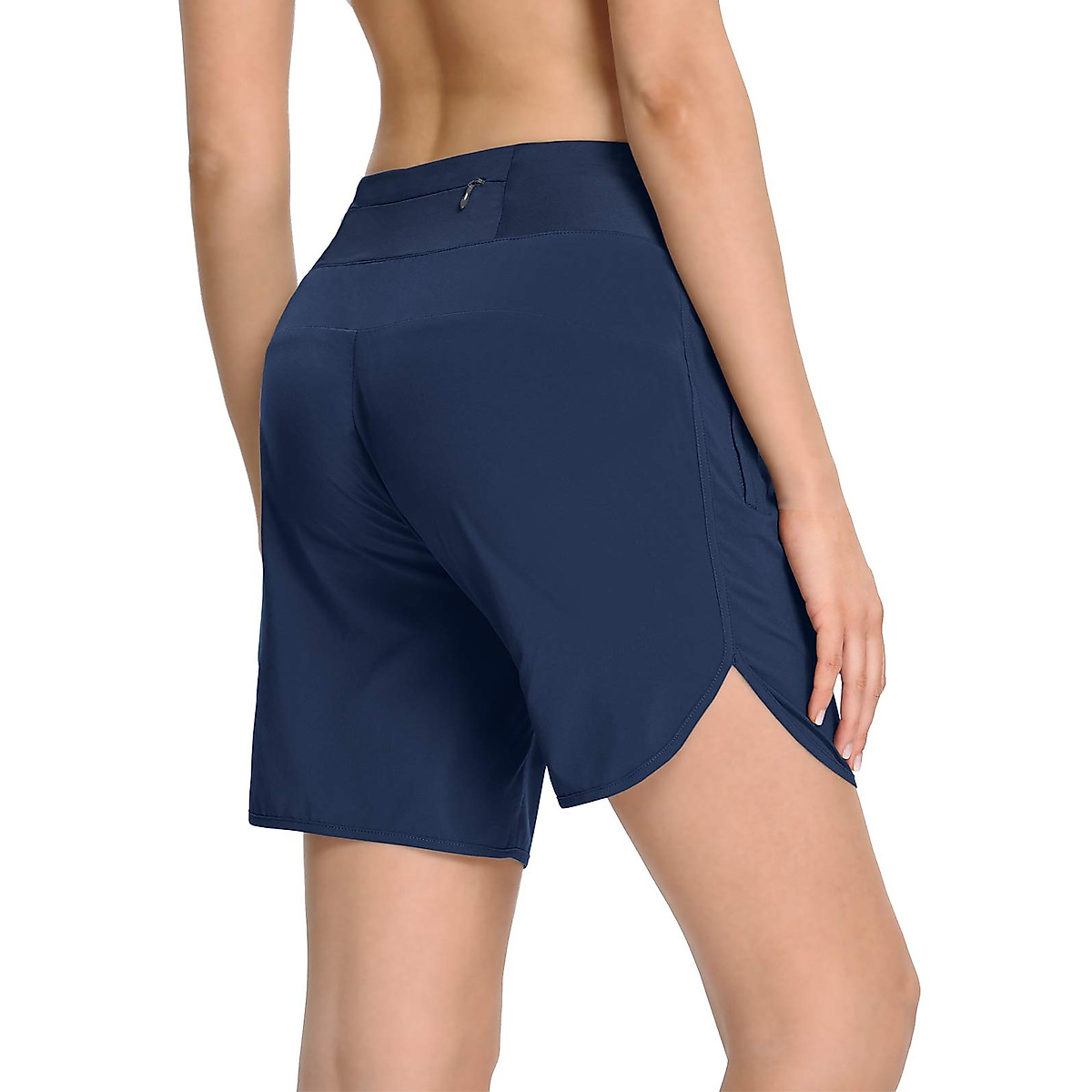 MOCOLY Womens Quick-Dry Running Shorts Athletic Sports Workout Shorts Lightweight Gym Yoga Shorts 7 Inches Loose Fit Zip Pocket Navy Blue S